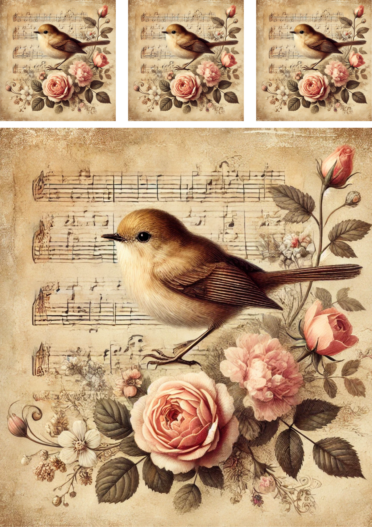 Rice Paper For Decoupage Sparrow On Roses And Musical Notes Vintage Co ...